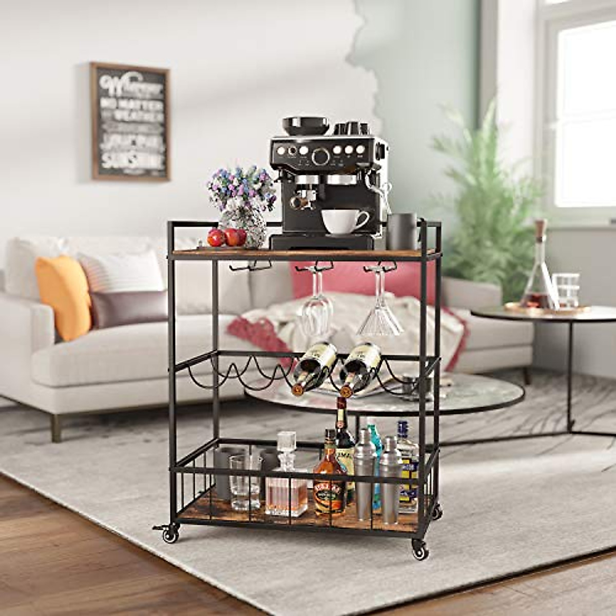 Industree Serving Cart on Wheels, 3-Tier Bar Cart with Wine Rack, Modern Wood and Metal Portable Coffee Cart Table for Home, Romantic Rustic Brown and Elegant Black, Family Party Cart(Max)