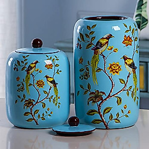 Blue Ceramic Cylinder Vase Ginger Jar with Lid for Home Decor, Floral Bird Temple Jar Vase Traditional Porcelain Dried Flower Vases Gift Jar Decoration for Living Ro S