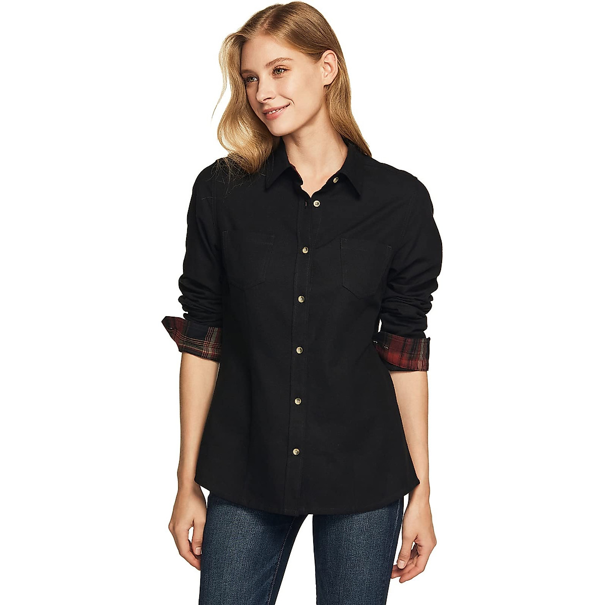 CQR Women's Plaid Flannel Shirt Long Sleeve, All-Cotton Soft Brushed Casual Button Down Shirts, Flannel Plaid Shirts Solid Black, Large