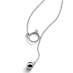 Dankadi Fashion Women 925 Sterling Silver Necklace - Cute Cat/Bell Pendant choker 11x11x5mm - Clavicle Rolo Chain 17 Inch Fine Jewelry Gift