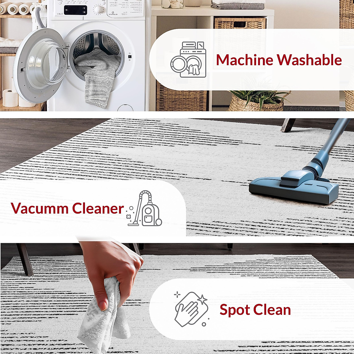 nuLOOM Romina Machine Washable Diamond Stripes Ultra Thin Area Rug, 8 x 10, White