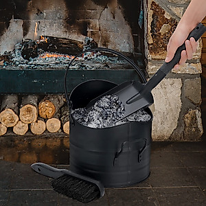 Coal and Ash Bucket with Shovel and Hand Broom, 2-Gallon Portable Pail Metal Bucket Pellet Carrier, Wood Pellet Storage Container, Tool set Accessories for Fireplace, Fire Pit, Wood Burning Stove