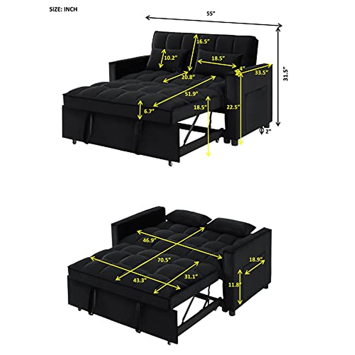 HABITRIO Loveseat with Pull-Out Sleeper Bed, Solid Wood Frame Black Velvet Upholstered 55" 2-Seater Sofa Couch w/3-Position Reclining Backrest, 2 Side Pockets, 2 Pillows, Furniture for Living Room