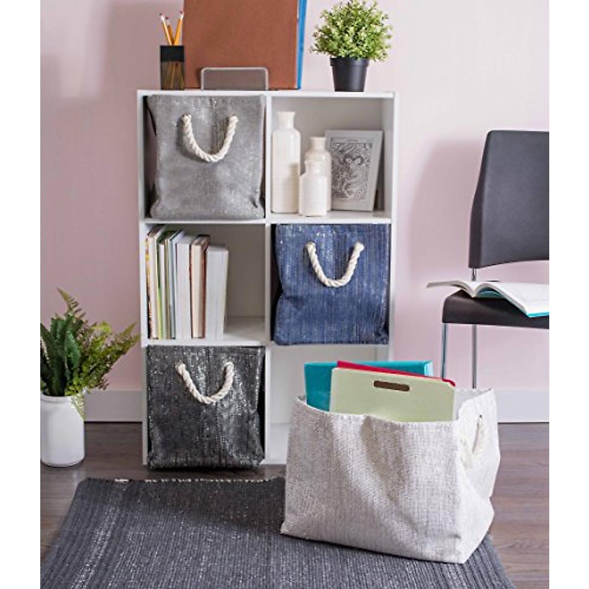 DII Decorative Metallic Lurex Storage Basket, Collapsible & Convenient for Home Organizational Solutions (Small - 11x10x9"), White