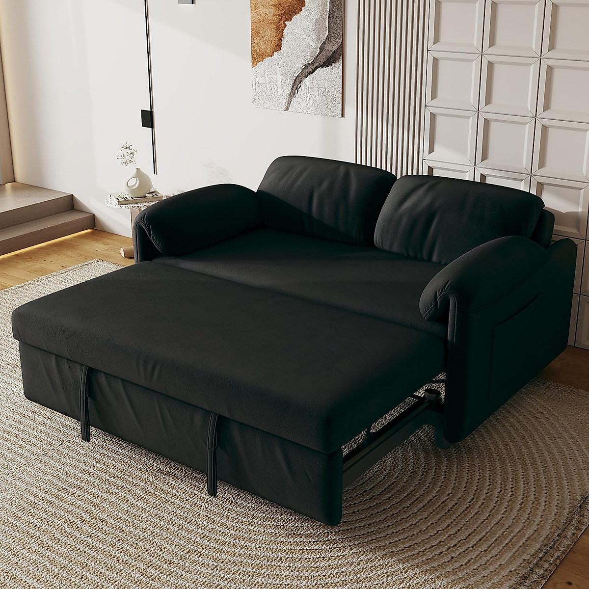 ARCLIS Pull Out Sofa Bed, 53'' Loveseat Sleeper, 3-in-1 Velvet Sleeper Sofa, Convertible Sofa Bed with Adjustable Backrest, Sleeper Couch for Living Room Bedroom Small Space (Black)