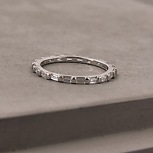 espere Dainty CZ Baguette Stacking Ring | Sterling Silver 925 Rhodium Plated Gold Minimalist Ring | Delicate Thin Band Eternity Rings Gift for Her Size 7