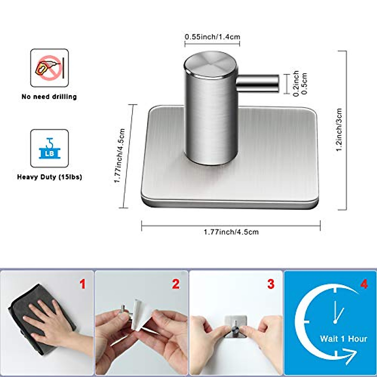 Adhesive Hooks Towel Hooks Wall Hooks Heavy Duty Stainless Steel Hooks Door Hooks Bathroom Hooks for Hanging Coat, Hat,Bath Towel-Bathroom and Bedroom or Kitchen 4-Packs