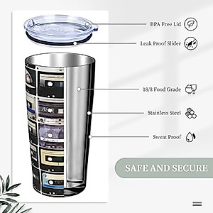 20oz Insulated Tumblers with Lids and Straws Retro Cassette Tape Stainless Steel Coffee Tumbler Cup Double Wall Vacuum Travel Coffee Mugs for Home, Office, Outdoor