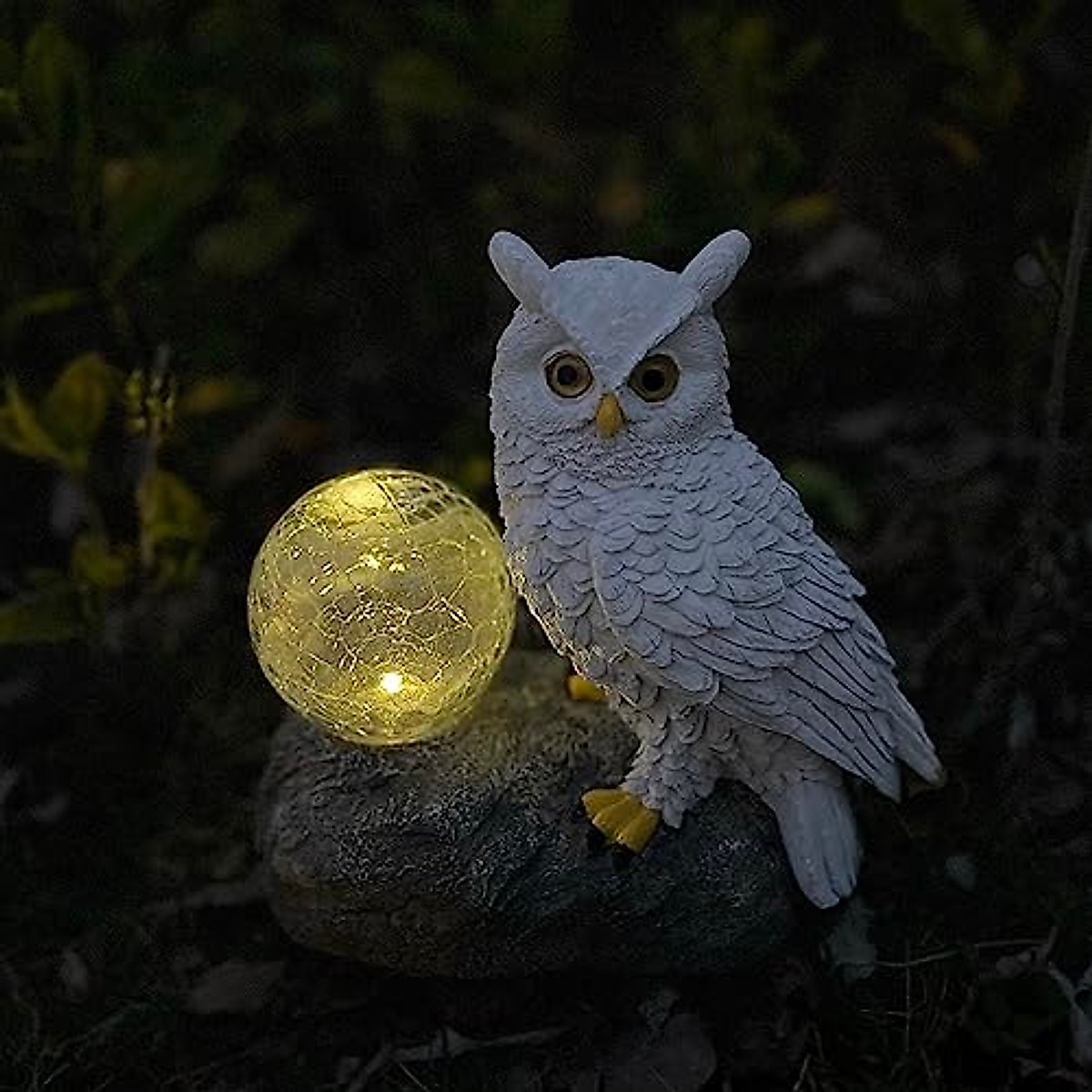 ARTCOS Garden Solar Lights Outdoor Decorative Pure White Owl Statue with Crackle Glass Globe LED Lights for Backyard, Lawn, Patio Decoration (Big)
