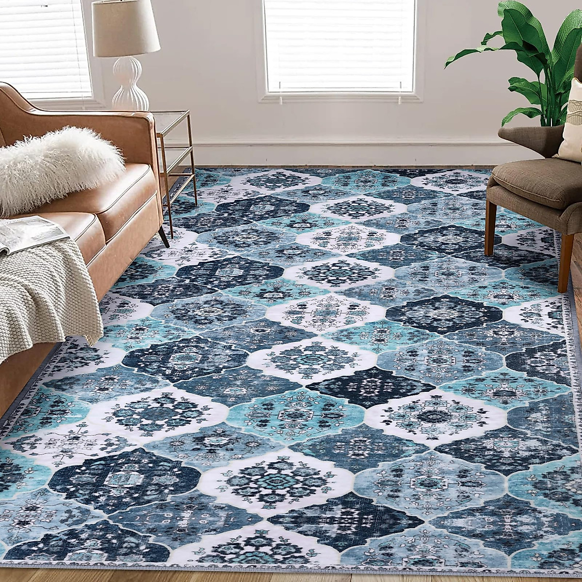 FLYRUGGO Area Rugs, 5x7 Washable Boho Throw Rug Indoor, Moroccan Trellis Bohemian Ultra Soft Large Non-Slip Carpet for Living Room Dining Room Office Bedroom (001-Blue White/Multi, 5x7)