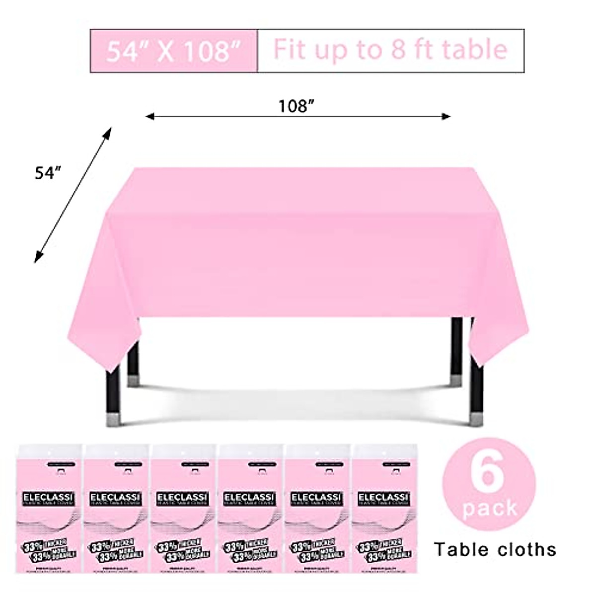 Pink 6 Pack Premium Disposable Plastic Tablecloth 54 x 108 In - Plastic Table Cloths for Parties Disposable Tablecloth for Rectangle Tables Up To 8 Ft - Rectangle Tablecloth - Pink Tablecloth