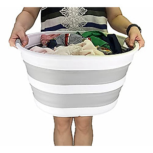 SAMMART 23L (6 Gallons) Set of 2 Collapsible Plastic Laundry Basket - Oval Tub - Foldable Storage Container/Organizer - Portable Washing Tub - Space Saving Laundry Hamper (White/Grey)