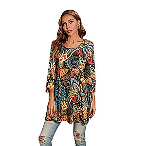 ENMAIN Womens Tunic Tops 3/4 Sleeve Dressy Casual Plus Size Tunic Tops to Wear with Leggings Loose Fit Swing Fall Orange T-Shirt Ladies Blouses