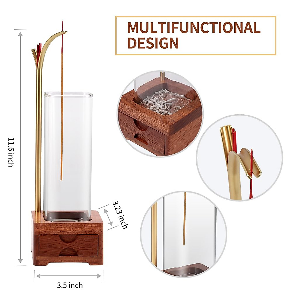 Eniffbaa Incense Burner Upgraded Incense Holder for Sticks [Anti-Ash Flying] with Removable Glass Ash Catcher Stick Storage Upgraded Incense stick Holder with Drawer Ornament Home Decor