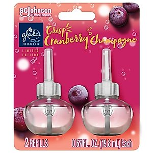 Glade PlugIns Refills Air Freshener, Scented and Essential Oils for Home and Bathroom, Crisp Cranberry Champagne, 1.34 Fl Oz, 2 Count