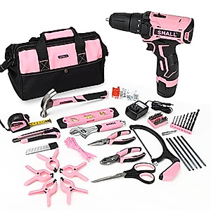 SHALL 222-Piece Pink Drill Driver and Home Tool Set, 12V Electric Drill Combo Kit, 3/8" Keyless Chuck, 12" Wide Mouth Open Tool Bag, for Drilling Wood/Metal, Women DIY Projects