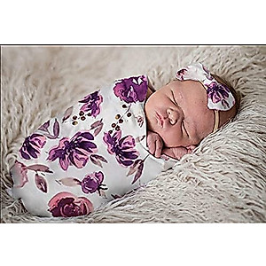 Baby Swaddle Blanket Newborn Girl Swaddle and Headband Set Purple Flowers Floral Print Wrap Shower Gift