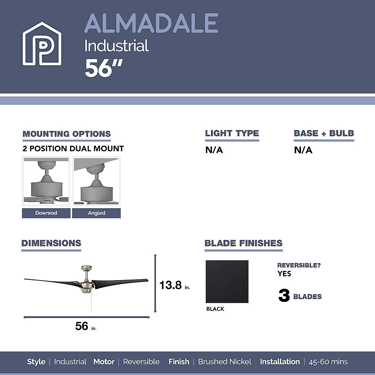 Prominence Home Almadale, 56 Inch Contemporary Indoor Ceiling Fan with No Light, Pull Chain, Modern High Performance Blades, Reversible Motor - 50330-01 (Brushed Nickel)