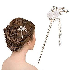 2 Pcs Rhinestone Pearl Flower Hair Stick Chinese Hair Chopsticks Vintage Tassel Hair Pin Chignon Pin Chopsticks Hair Styling Hair Making Accessories for Women (White)1