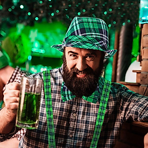 SATINIOR St. Patrick's Day Hat Green Plaid Y Shape Suspender Bow Tie Set for Mardi Gras Men Women Party Cosplay Supplies (Plaid Style)