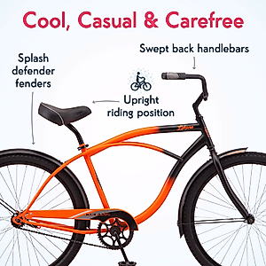 Kulana Lakona Shore Adult Beach Cruiser Bike, 26-Inch Wheels, Single Speed, Orange/Black