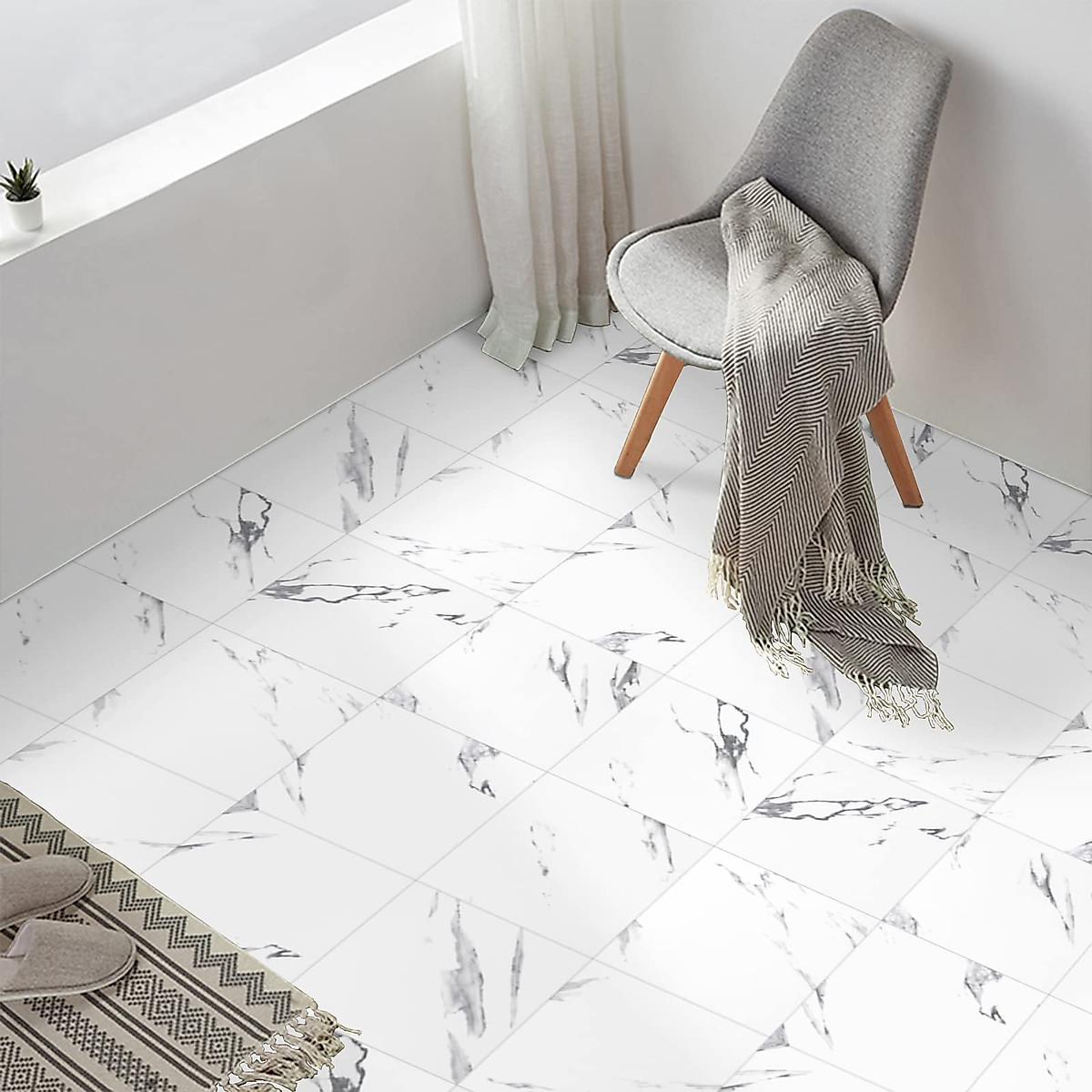 Peel and Stick Floor Tile White Marble Look Vinyl Flooring Peel and Stick Waterproof and Durable Self-Adhesive and Removable DIY Flooring for Transfer Bathroom Kitchen Rentals 12 inch