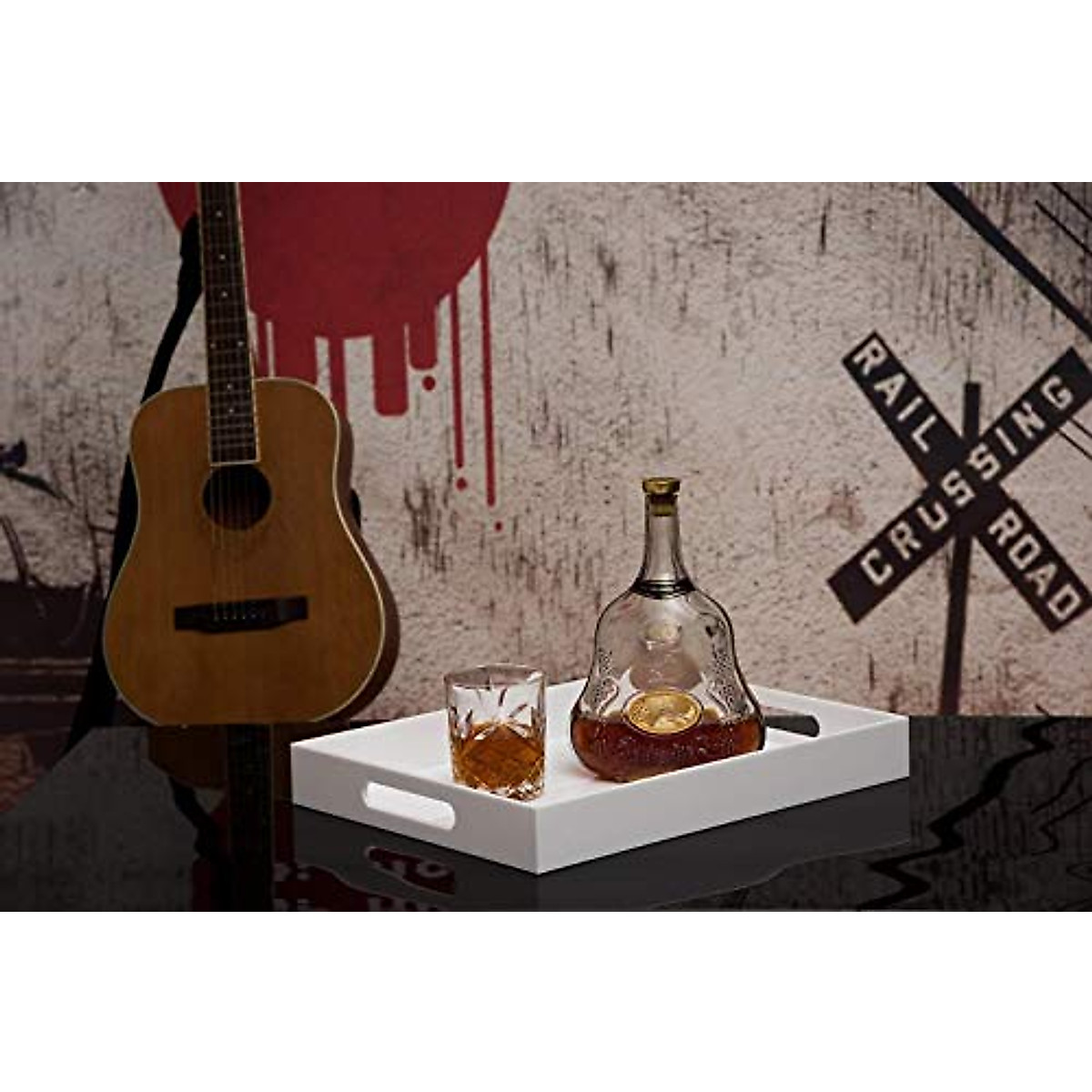 Glossy White Sturdy Acrylic Serving Tray with Handles-12x20 Inch-Serving Coffee Appetizer Breakfast-Kitchen Countertop Tray-Makeup Drawer Organizer-Vanity Table Tray-Ottoman Tray-Decorative Tray