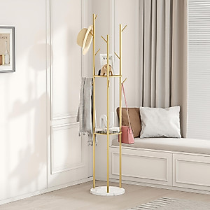 HKaikzo Gold Coat Rack Stand, Metal Coat Racks Tree Hanger Freestanding with 3 Storage Shelves and 9 High-grade Hooks and Stable Marble Base, for Jackets、Hat、Umbrella
