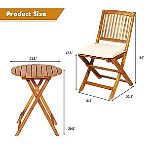 Giantex 3Pcs Patio Bistro Set, Wood Folding Table Set, 2 Cushioned Chairs for Garden Yard, Outdoor Furniture Round Table (Natural & Beige)