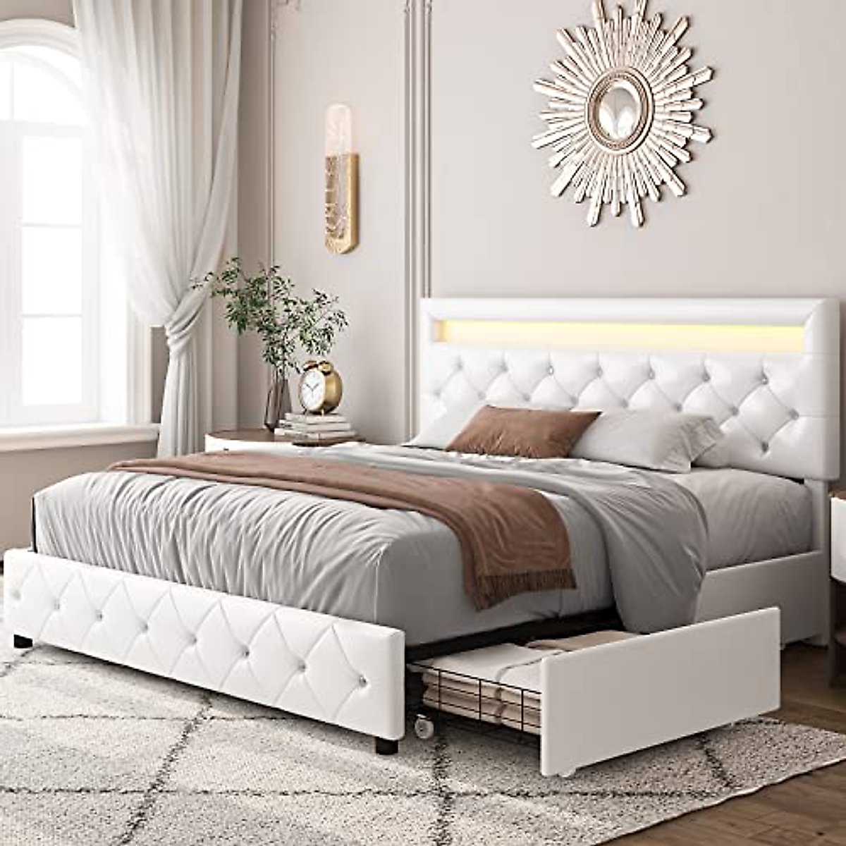 Keyluv Queen Upholstered LED Bed Frame with 4 Storage Drawers and Adjustable Crystal Button Tufted Headboard, Platform Bed with Solid Wooden Slats Support, No Box Spring Needed, White
