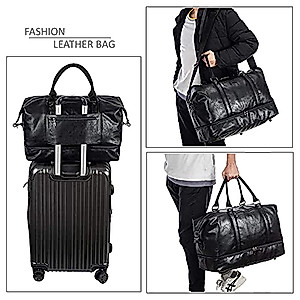 Leather Travel Bag with Shoe Pouch,Weekender Overnight Bag Waterproof Leather Large Carry On Bag Travel Tote Duffel Bag for Men or Women