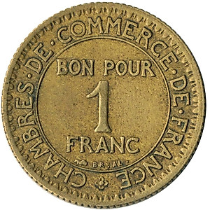 1920-1927 1 Franc Third French Republic Coin. With Seated God Of Mercury Design. 1 Franc Graded By Seller. Circulated Condition.
