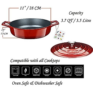La Cuisine 3110MB Enameled Cast Iron Covered Braiser, Saute Pan Casserole Pan, 3.75 Quart (QT) - Matte Black Enamel Interior, Cranberry Porcelain Enamel Coating Finish Exterior