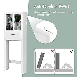 LOKO Over The Toilet Storage Cabinet, 2-Door Tall Bathroom Organizer w/ 4 Open Compartments & Adjustable Shelves, Modern Simple Toilet Space Saver, Ideal for Bathroom Laundry Balcony (White)