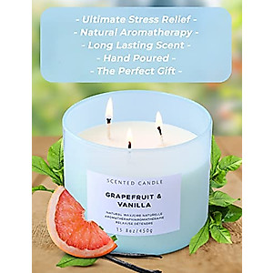 3 Wick Scented Candle | Grapefruit Vanilla Stress Relief Aromatherapy Candle with Berries, Bergamot, Rose & Lemon | 15.8 oz Highly Scented Candles for Men & Women | Large Natural Soy Candles for Home