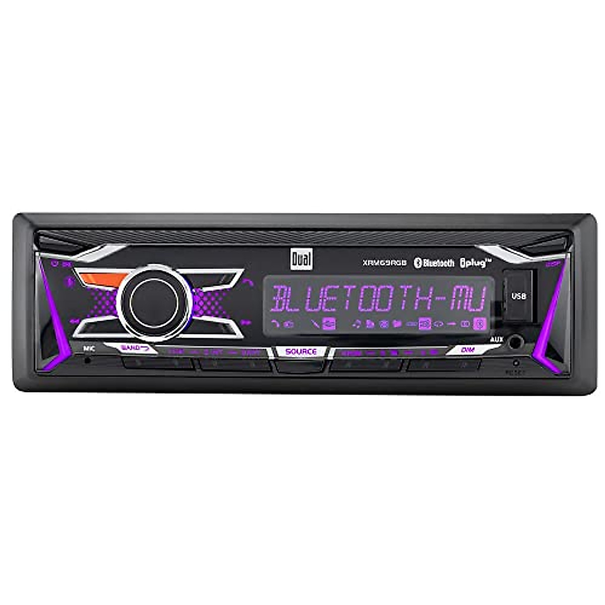 Dual Electronics XRM69RGB | 12 Character LCD Single DIN Car Stereo | RGB Custom Colors | Push to Talk Assistant | Bluetooth Hands Free Calling Music Streaming | AM/FM | USB Playback & Charging