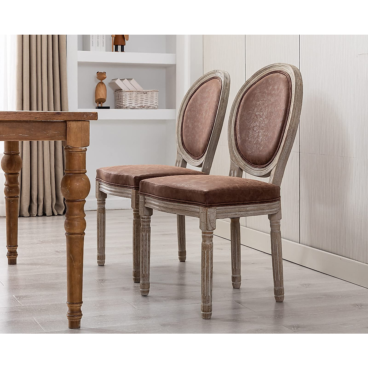 Kmax Farmhouse Dining Room Chairs, French Distressed Bedroom Chairs with Round Back, Brown Wood Legs Elegant Tufted Kitchen Chairs, Set of 2, Gray