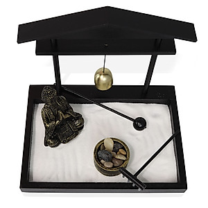 Japanese Zen Garden Kit Home Decor - Mini Zen Garden Buddha with Bell Hanging Archway Office Desk Accessories - Zen Sand Garden Desk Office Decor - 8.5" x 6.5" x 7"