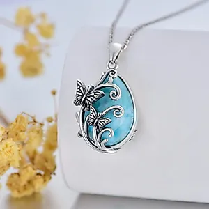 PELOVNY Christmas Gifts Larimar Jewelry Butterfly Larimar Pendant Necklace 925 Sterling Silver Butterfly Jewelry Butterfly Gift for Women