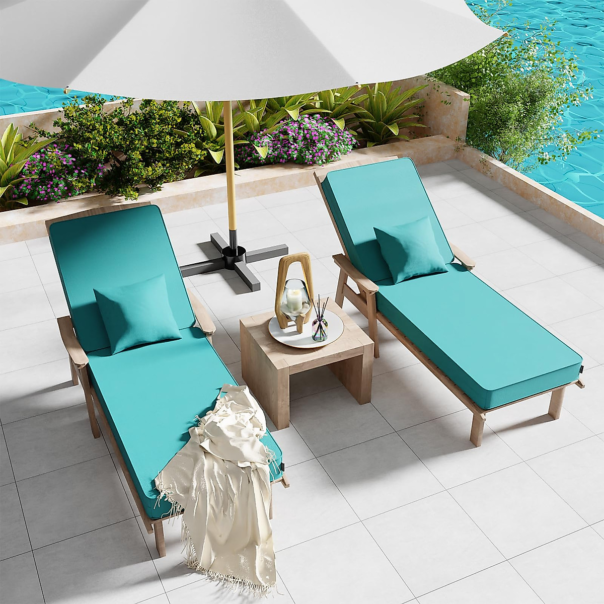 AOFEITE Outdoor Water-Resistant Olefin Chaise Lounge Cushions with Pillow, Weather and Fade Resistant Patio Furniture Lounge Chair Cushion Ideal for Patio, Lawn, Garden, Turquoise, 80"L x 26"W x 5"T