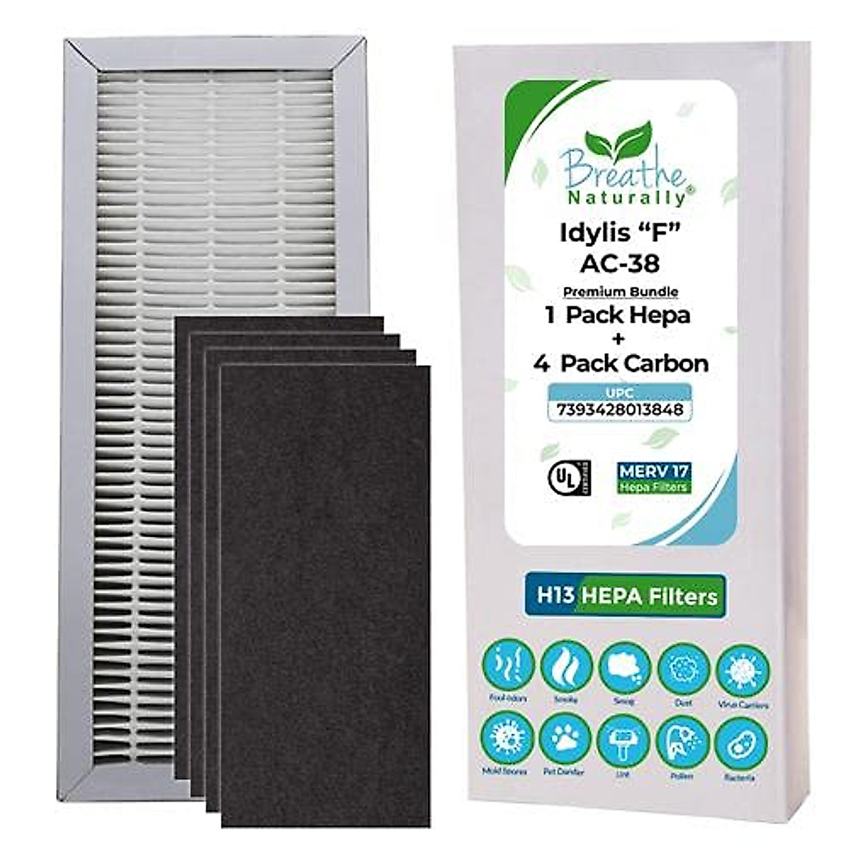 Breathe Naturally - Extra Thick Filters Compatible with Idylis “F” AC-38 Series Air Purifiers - Made for Idylis “F” AC-38/560885 Series(1 Pack Replacement HEPA Filter, 4 Pack Carbon Filters)