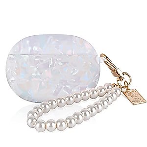Glitter Marble Shell Design for Beats Studio Buds (2021) with Pearl Wrist Chain Keychain for Women Girls,Colorful Sparkle Bling Cute Beats Studio Buds Protective Skin Cover Soft TPU Shock Proof-White