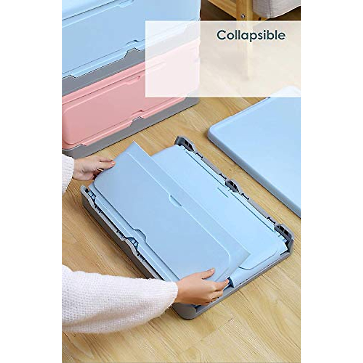 Durable Plastic Folding Storage Box Organizer with Lids, Folding Plastic Stackable, Containers for Home & Garage Organization (Blue)