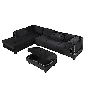 Eafurn 104.5" Convertible Sectional Reversible Chaise and Rivets Trim,L Shaped Corner Storage Ottoman and Cup Holders,Comfy Upholstery Sofa & Couches for Living Room, Black Velvet