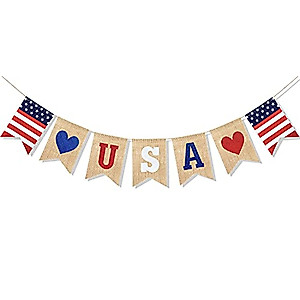 Uniwish USA Banner Burlap Bunting 4th of July Decorations American Independence Day Celebration Red White and Blue Theme Party Supplies