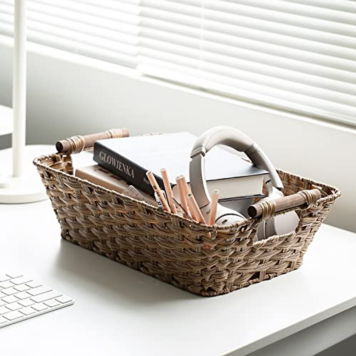 ROSOS Wicker Baskets 2 Pack, Washable Big Wicker Baskets for Storage with Wooden Handles, Waterproof Plastic Wicker Storage Basket for Shelves, Large Wicker Basket in Size 14.5"x10.6"x4.5", Brown