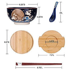 Japanese Dinnerware Set, Moon Rabbits Bowl with Wooden Lid, Chopsticks, Soup Spoon and Trivet, 7 Piece Kit
