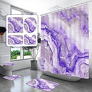 EMHOME 4 Pcs Bathroom Shower Curtain Set, Colorful Marble Bathroom Sets with Non-Slip Rugs,Toilet Lid Cover and Bath Mat, Bathroom Decor Set Accessories Bath Curtains with 12 Hooks,72 x 72 Inch,Purple