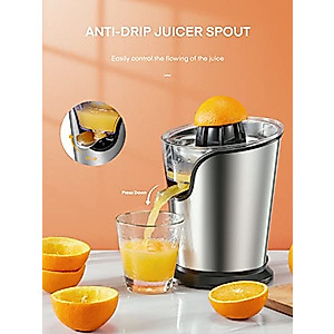 FOHERE Orange Juice Squeezer Electric Citrus Juicer with Two Interchangeable Cones Suitable for orange, lemon and Grapefruit, Brushed Stainless Steel