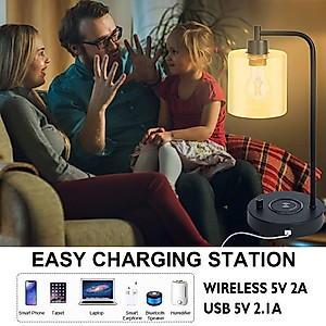 E-Senior Set of 2 Industrial Table Lamp, Wireless Charging Nightstand Lamp, Bedside Lamp with USB, Fully Stepless Dimmable Table Lamp for Bedroom Living Room Office (LED Bulbs Included)